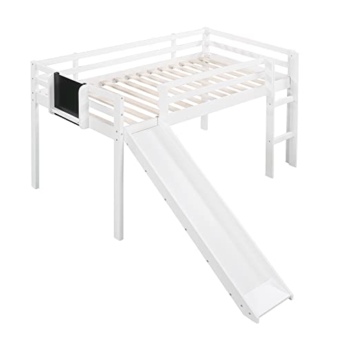 Bellemave Kids Loft Bed with Slide, Wood Loft Bed Boys Girls Twin Size, Low Loft Bed with Chalkboard(White)