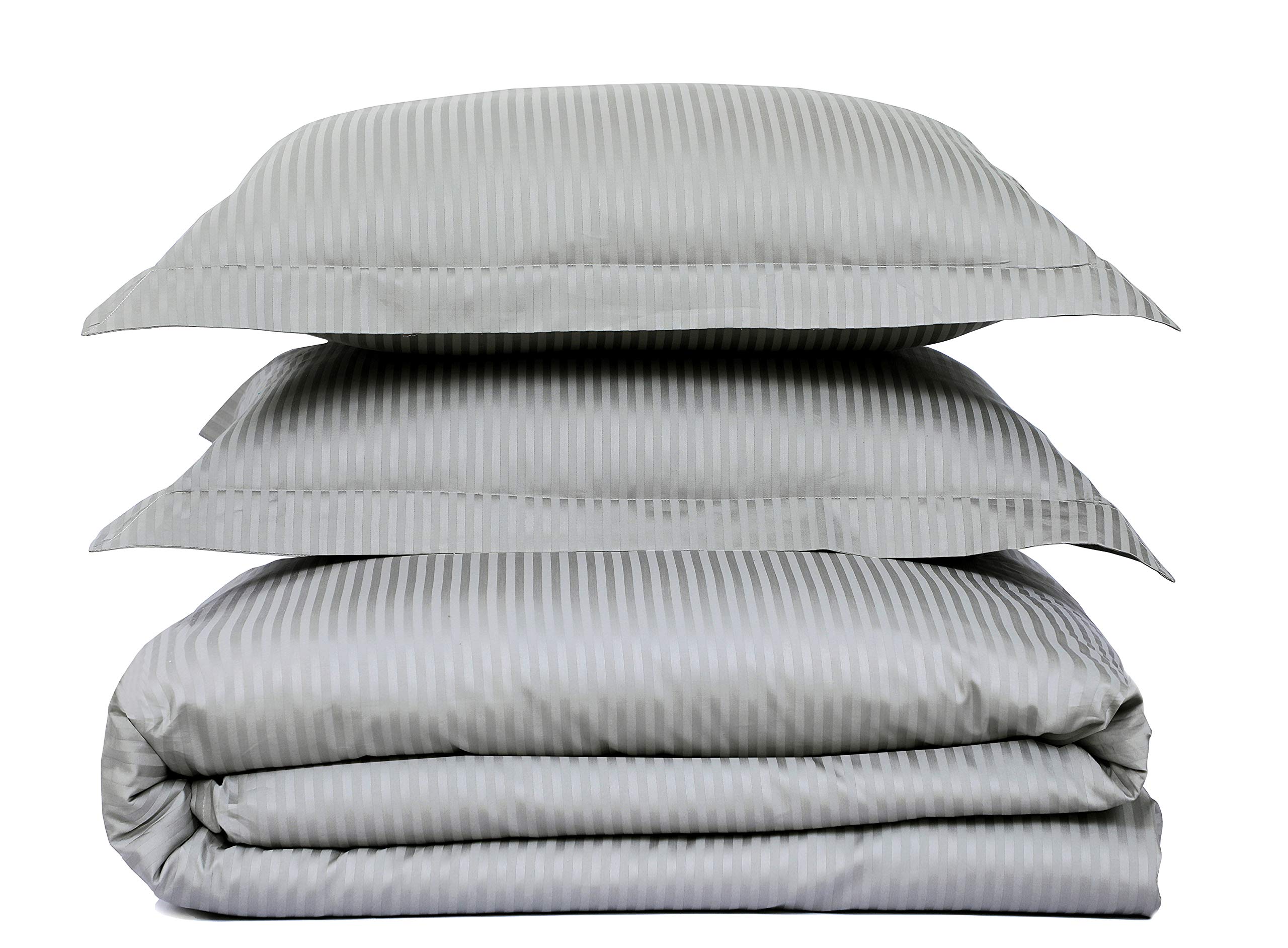 LinenEra 3 Piece King Stripe Duvet Cover Set Cotton Grey Stripe Duvet Cover King (106'' x 90'') Zipper Closure Corner Ties 2 Pillow Shams