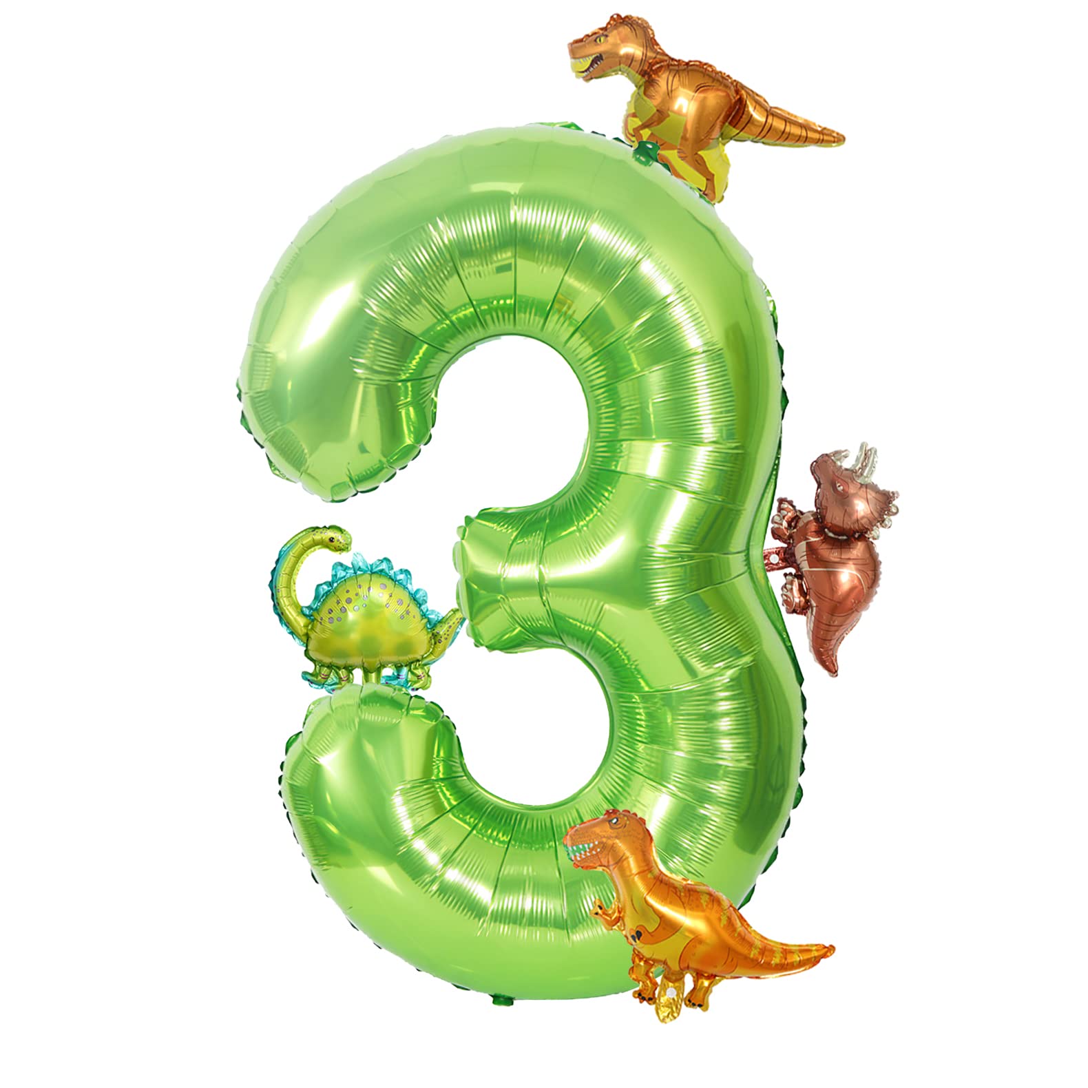 40 Inch Green Number 3 with Mini Dinosaur Balloon, Tyrannosaurus Rex Velociraptor Triceratops Brontosaurus Foil Balloons for Kid Birthday Cute Dino Baby Shower Party Decorations