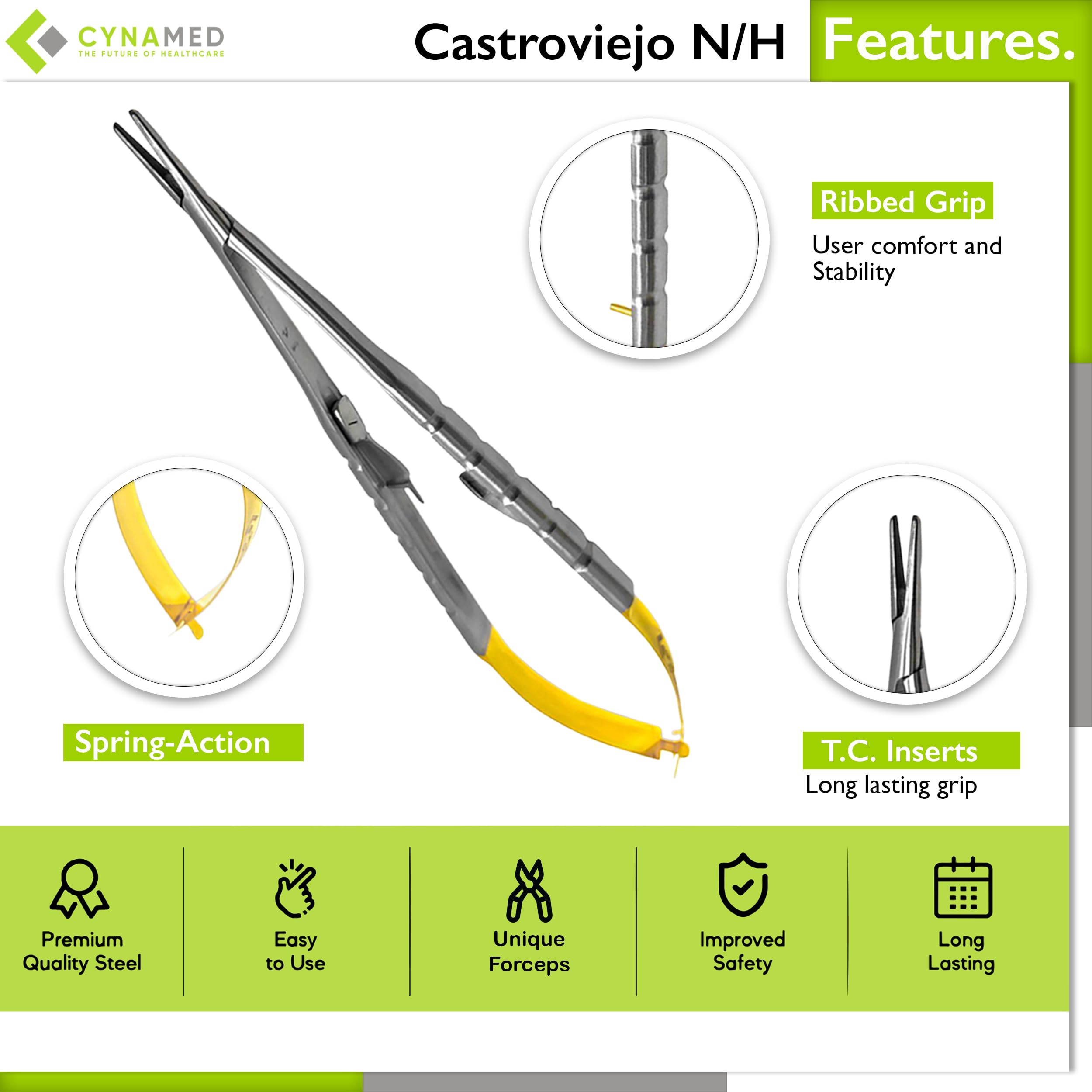 Cynamed TC Castroviejo Micro Needle/Suture Holder Driver with Tungsten Carbide Inserts and Gold Ends - Premium Grade Instrument (5.5 in. Straight Jaws)