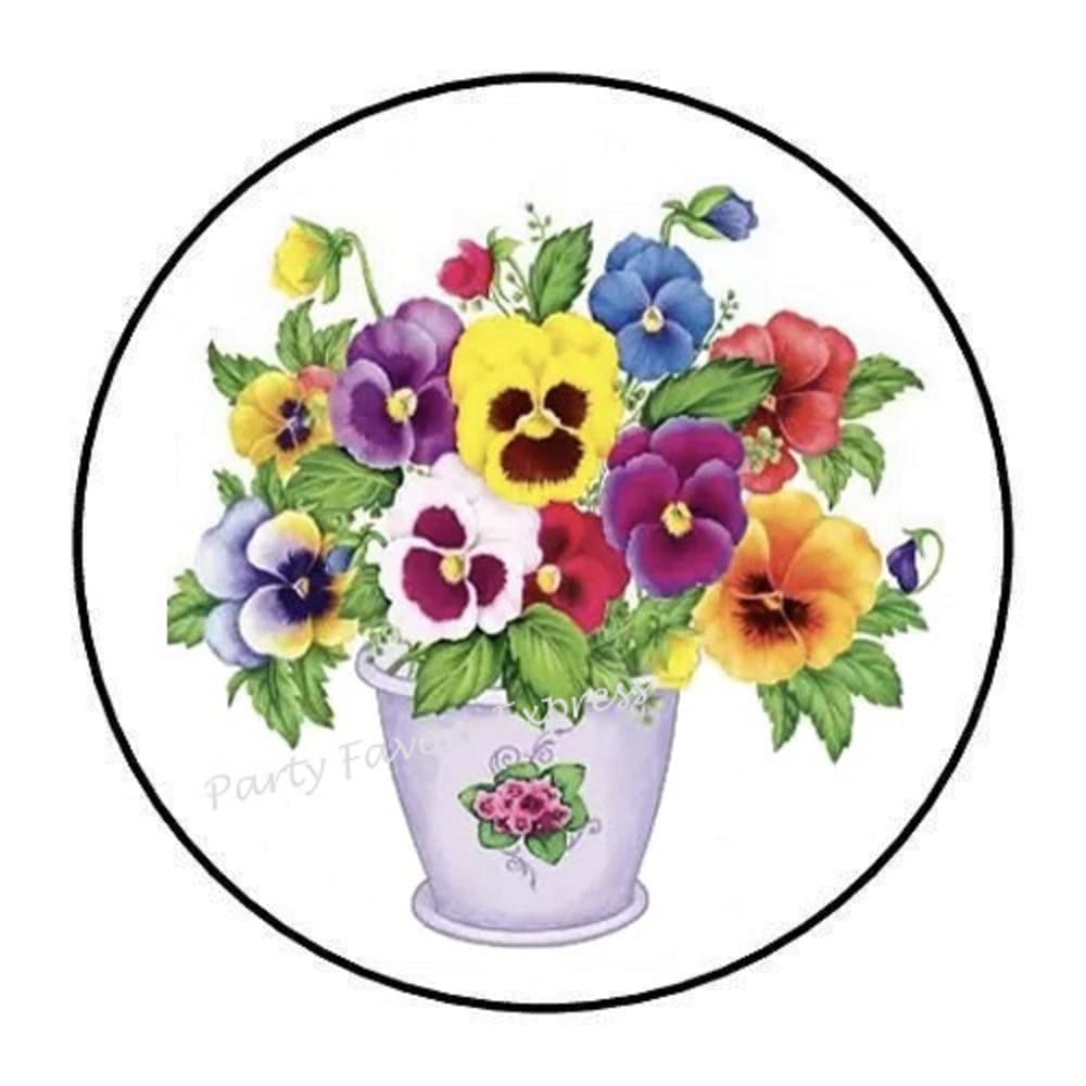 Pansies in Flower Pot Envelope Seals Labels Stickers 1.5" Round (30)