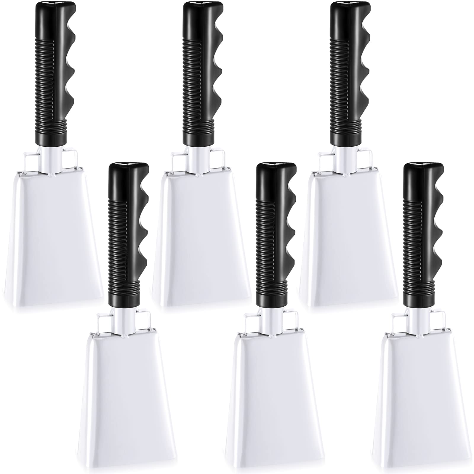 6 Pack Cowbell with Handle Solid Cheering Bell Cow Bells Noise Makers Cowbells for Sporting Events Percussion Hand Bells Chimes for School Football Game Wedding Musical Instruments, White (Small)