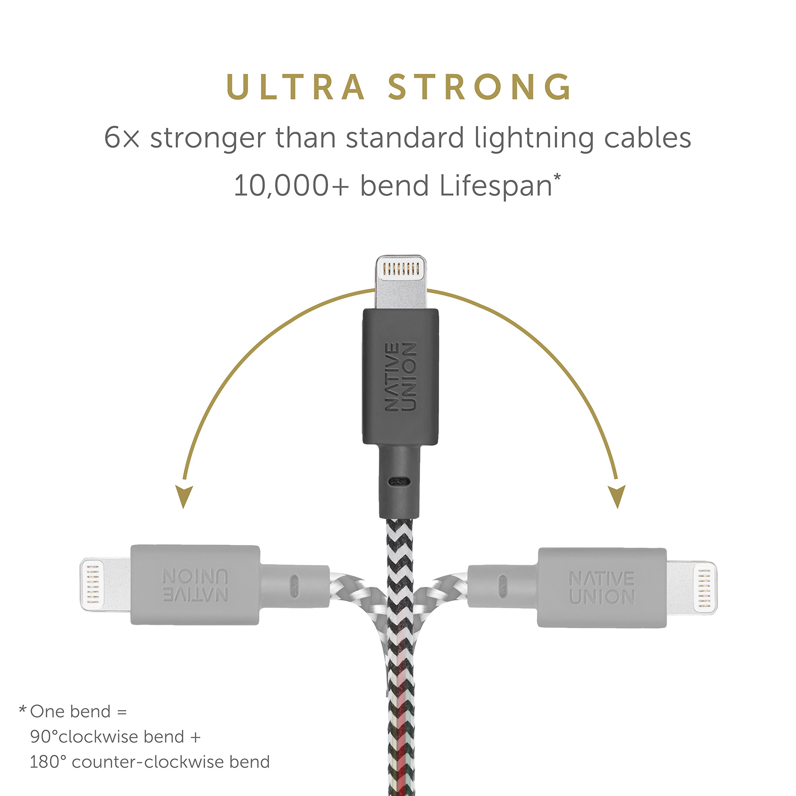 Native Union BELT Cable XL - 10ft Ultra-Strong Reinforced [MFi Certified] Durable Lightning to USB Charging Cable with Leather Strap compatible with iPhone 14, iPhone 13, iPhone 12 and Earlier (Zebra)