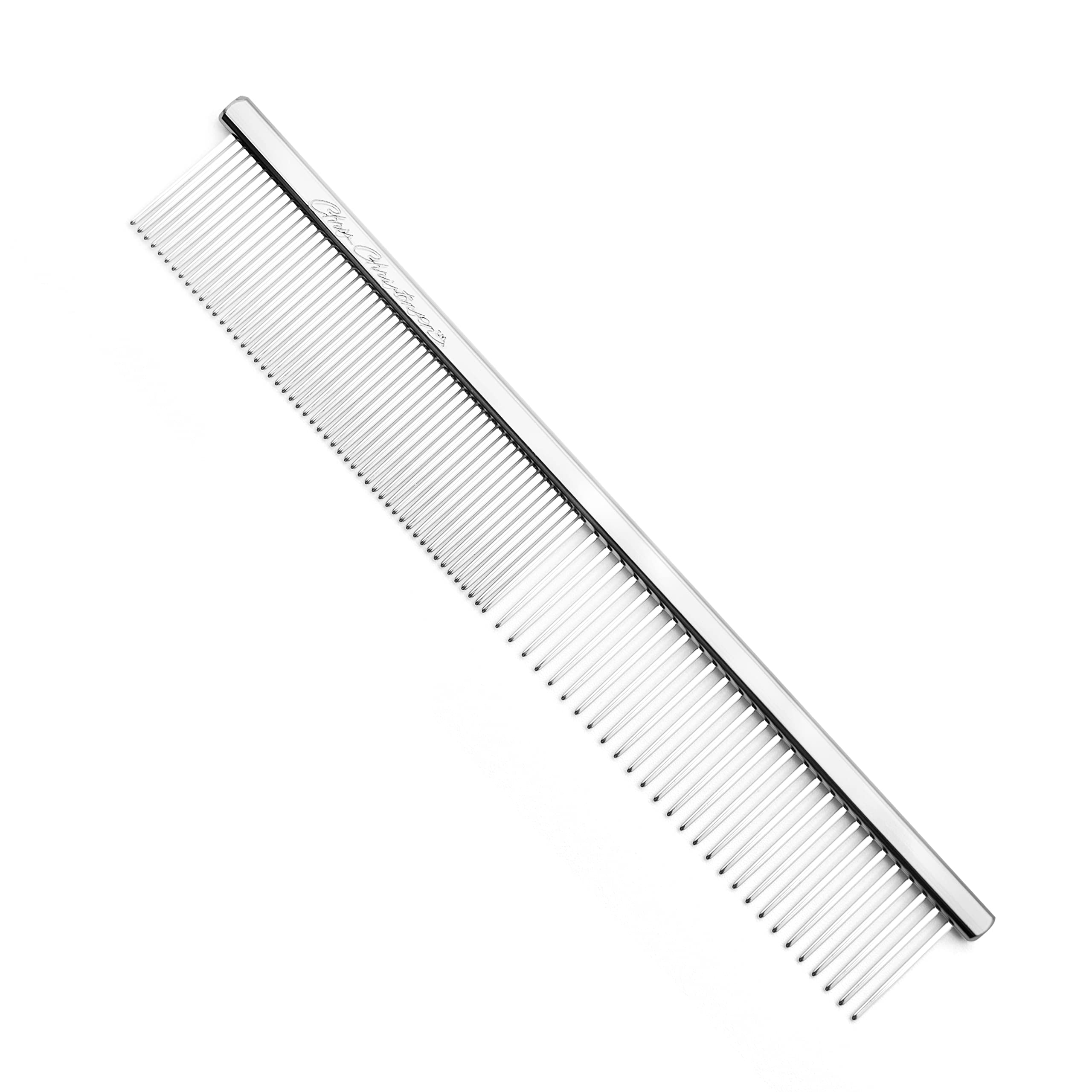 Chris Christensen 5in Face and Feet Fine/Coarse Butter Comb, Groom Like a Professional, Rounded Corners Prevent Friction and Breakage, Solid Brass Spin with Steel Teeth, Chrome Finish