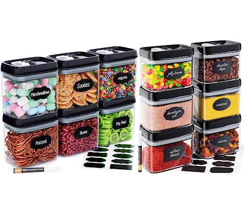 Chef's Path Airtight Food Storage Containers (12 Pack) for Kitchen & Pantry Organization - BPA Free Clear Plastic Containers with Lock Lids for Dry Snacks - Snack Containers with Labels & Marker
