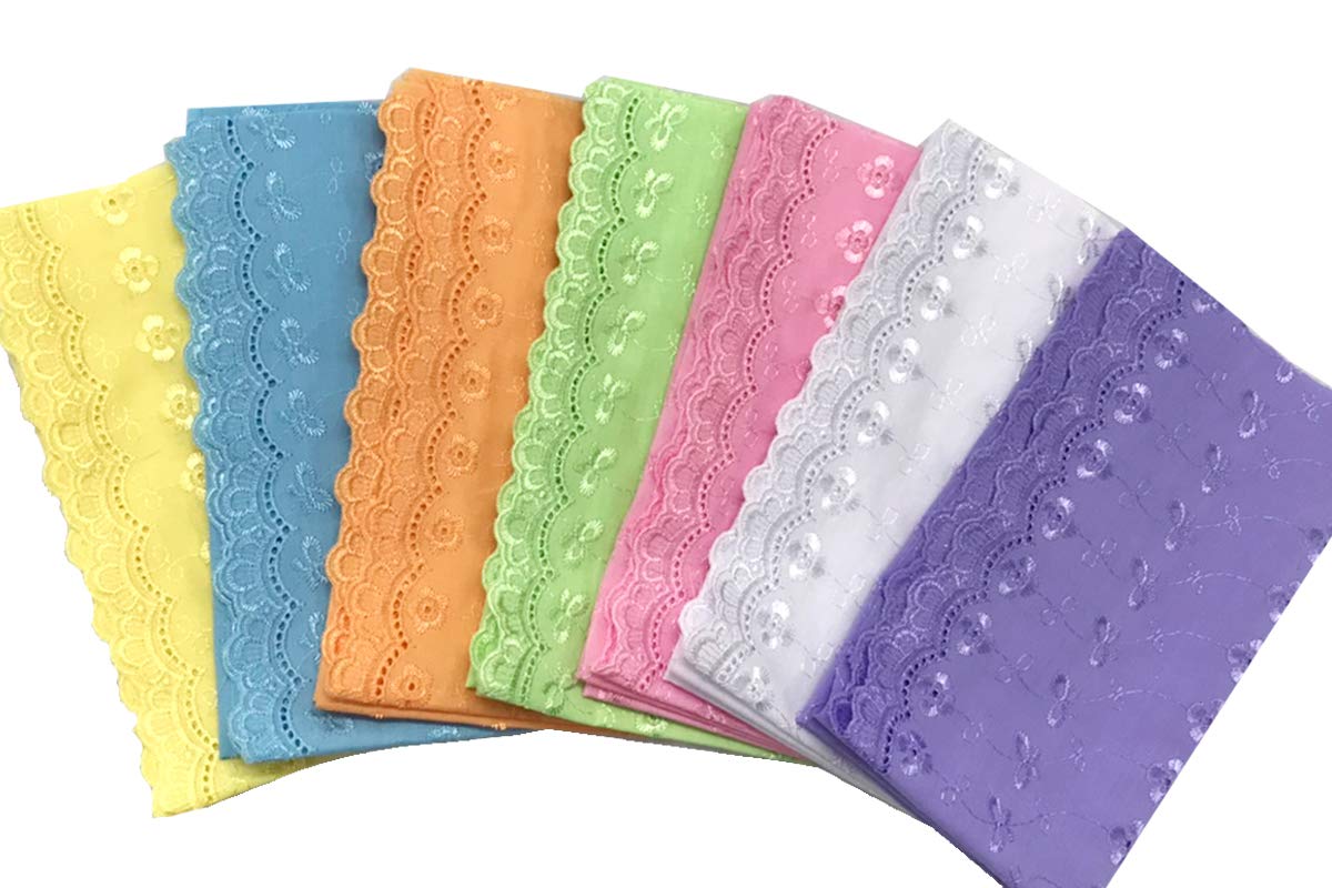 AMORNPHAN Set of Daisy Floral Flower Embroidered Eyelet Lace 100% Cotton Quilting Fabric for Patchwork Needlework DIY Handmade Sewing Crafting Decor Face mask Precut 18x22 Inches (Set of 7 Pieces)