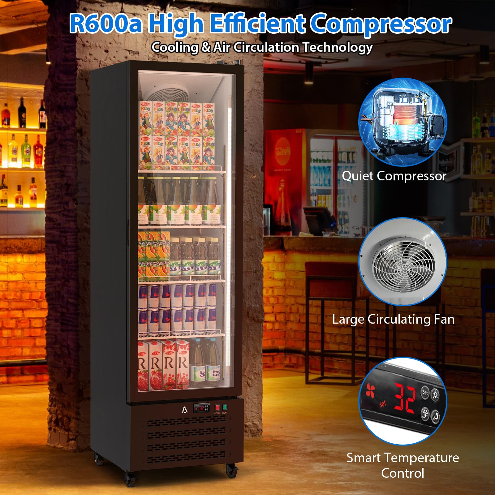 ACONEE Refrigerator Commercial Glass Door Display Upright Freezer, Black