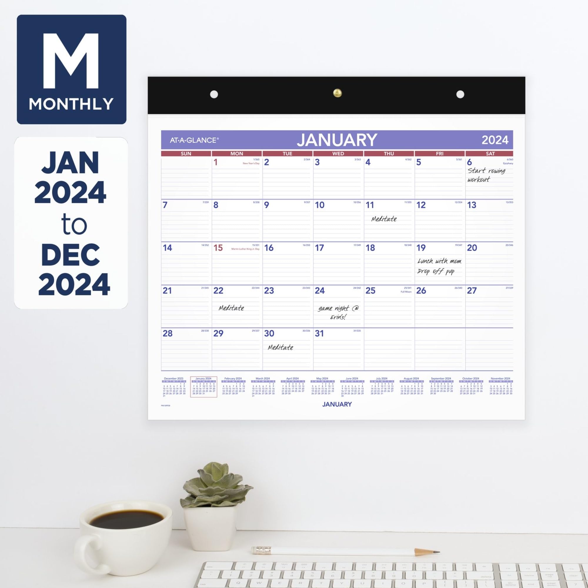 2024 AT-A-GLANCEĀ® Repositionable Horizontal Wall Calendar With Adhesive Backing, 15" x 12", January To December 2024, PM15RP28