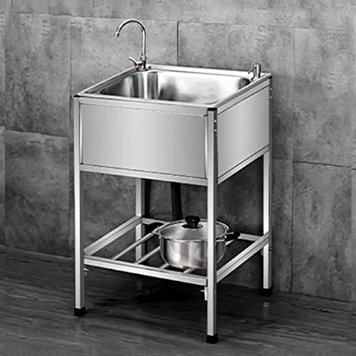 Commercial Sink Kitchen Wash Basin Stainless Steel 1 Compartment with Faucet Hygienic Robust for Outdoor Indoor Garage Kitchen Laundry Single bowl Sinks, 0.8mm Thick, 40×35×75.5cm
