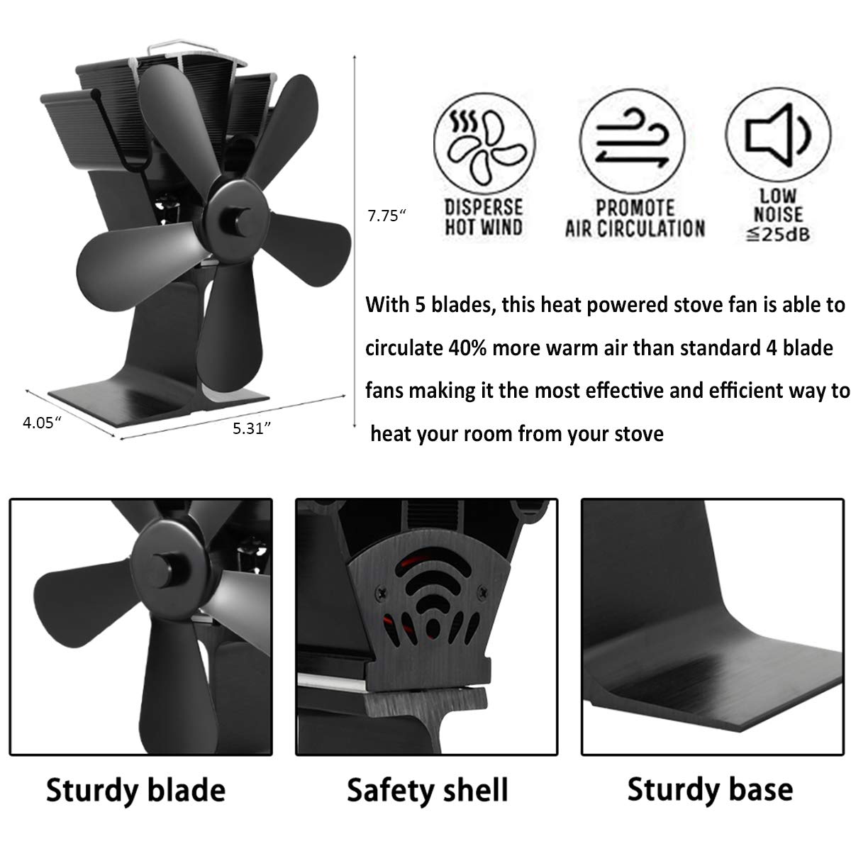 BINGONE Upgraded 5 Blades Heat Powered Stove Fan with Magnetic Thermometer Silent Operation Eco Fireplace Fan for Wood/Log Burning Stoves