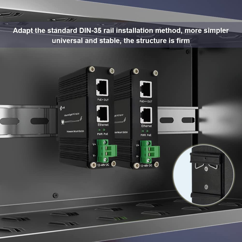 Elenzk Industrial Gigabit PoE++ Injector Hardened IEEE802.3at/bt 95W PoE Adapter with 12-48VDC Input DIN-Rail and Wall Mount
