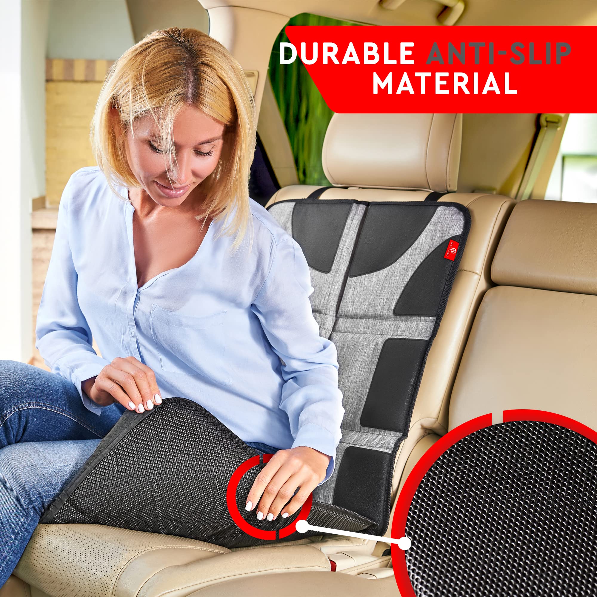 Helteko Car Seat Protector, Large Seat Cover for Child Carseat, Extra Waterproof & Stain Resistant, Thickest Padding Baby Mats Under Car Seats for Leather Seats, 2 Mesh Storage Pockets, 1Pack (Gray)