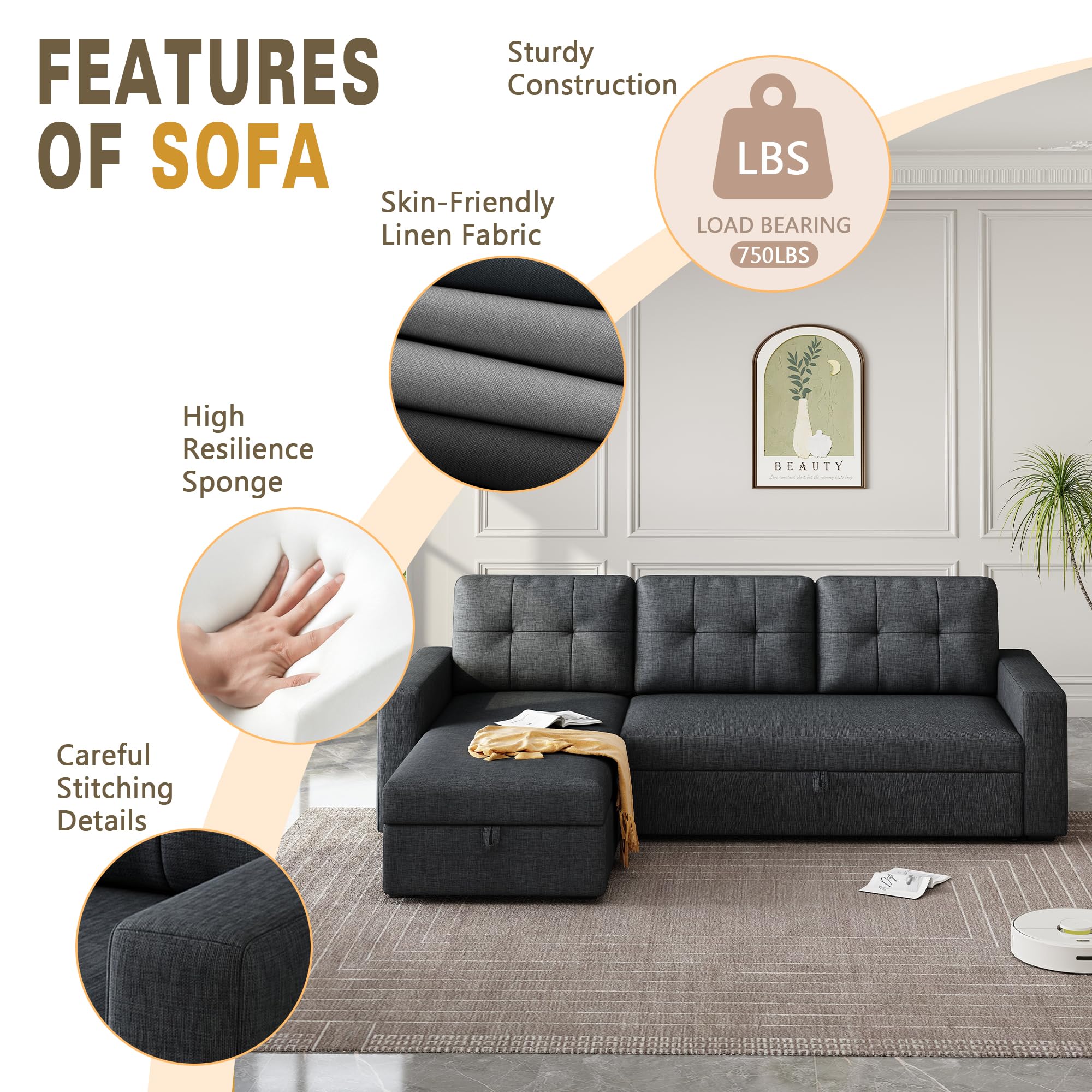 Acosure 82'' L-Shape Convertible Sleeper Sectional Sofa with Storage Chaise and Pull-Out Bed, Linen Upholstered Reversible Corner 3 Person Couch, for Living Room, Apartment