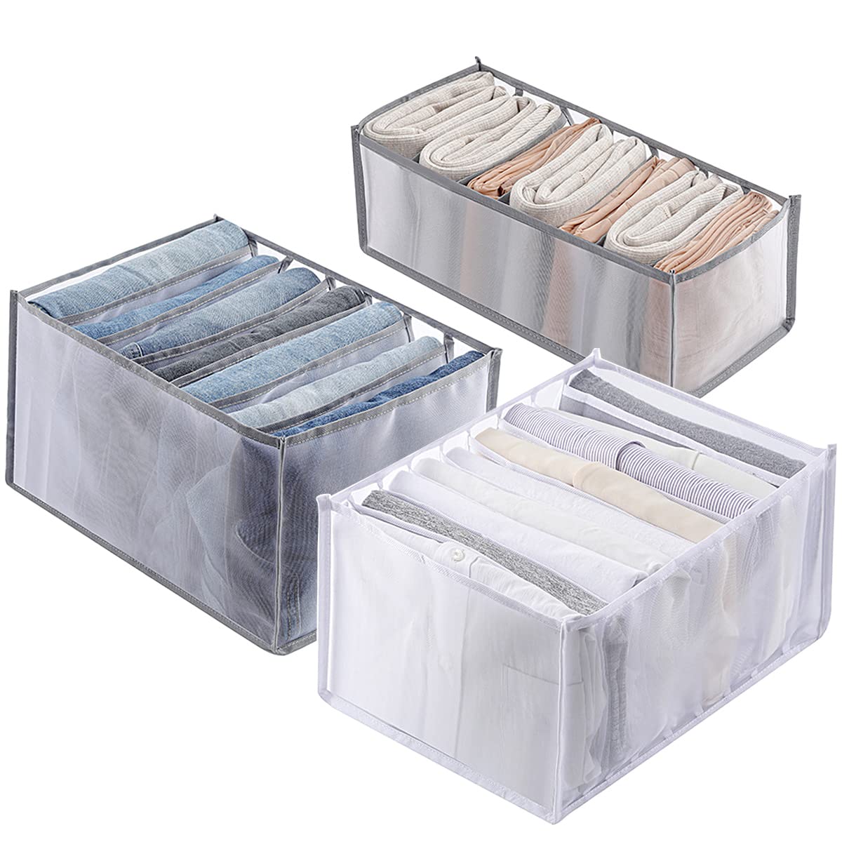 KesaPlan 3Pcs Wardrobe Clothes Organizer, 7/7/9 Grids Visible Foldable Closet Organizers, Compartment Storage Box with Mesh Separation, Washable Drawer Dividers Organizers (Pants+T-Shirt+Legging)