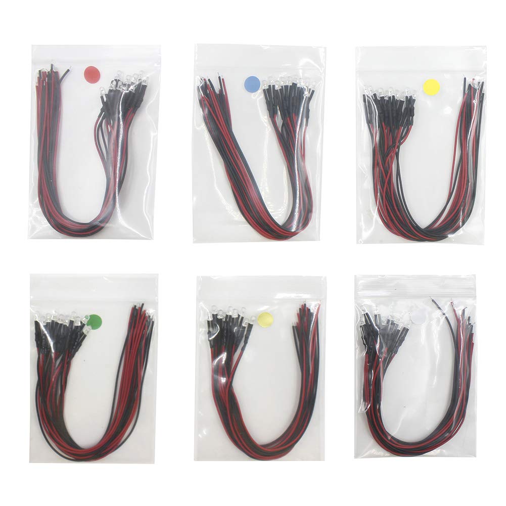 KeeYees 60Pcs 3mm Pre Wired LED Diodes Light Ultra Bright -White Warm White Red Blue Green Yellow (10PCS X 6 Colors) + 60Pcs 3mm Plastic LED Holder LED Light Mounting Holders