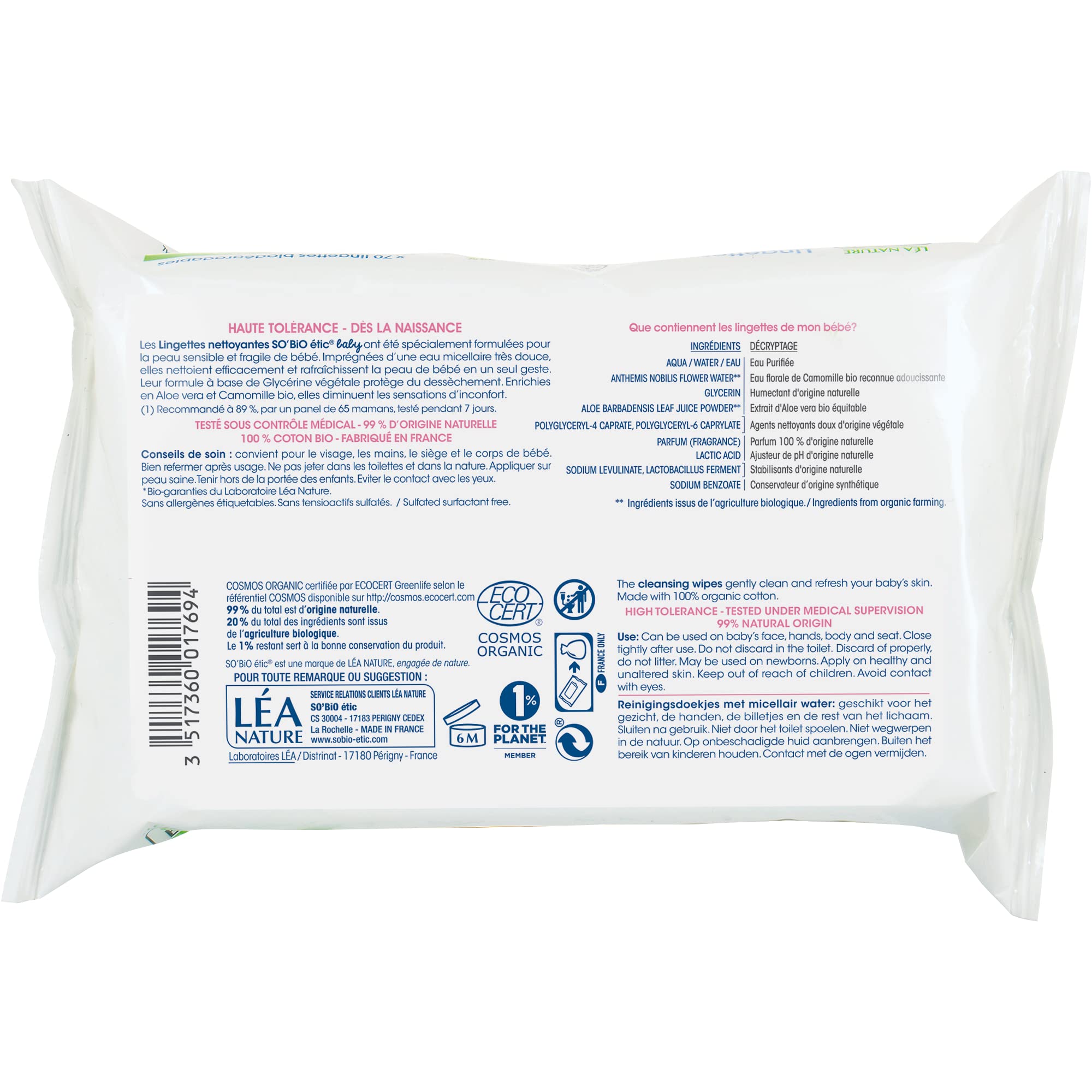 SO'BiO étic | Baby Cleansing Wipes | Organic & Biodegradable Micellar Water Wet Wipe Skin Cleanser for Newborn, Infant, Toddler | 70 Wipes
