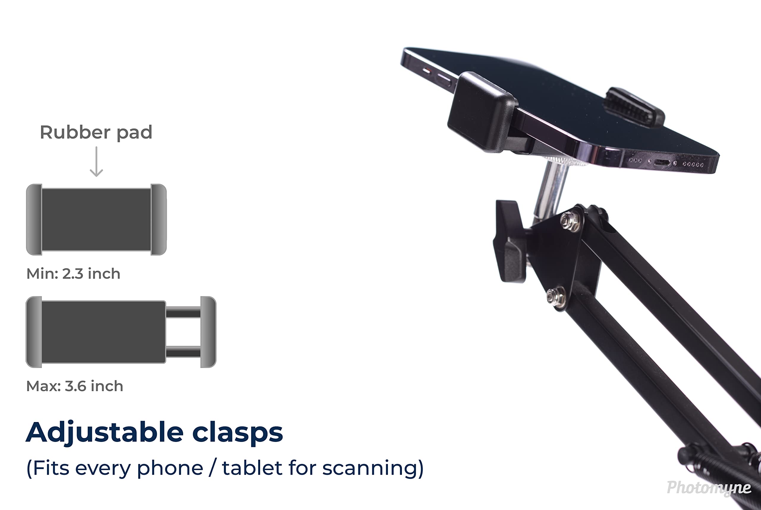 PHOTOMYNE Sturdy Flexible Phone Holder for Desk, Table, Office, Kitchen with Clamp for Photo Album Scanning, iPhone Holder for Desk- Black