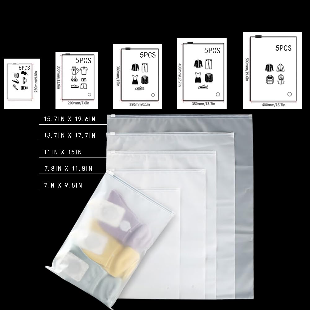 Keoferlo 25Pcs Frosted Zipper Bags Clothes Packaging Travel Bags Reusable Waterproof Plastic Storage Pouch for Clothing Vacation Hike