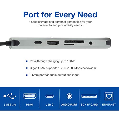 Verbatim 9-in-1 USB C Hub Adapter - 100W Power Delivery, USB 3.0, SD Card Readers, Gigabit LAN, 3.5mm Port for USB C Laptops