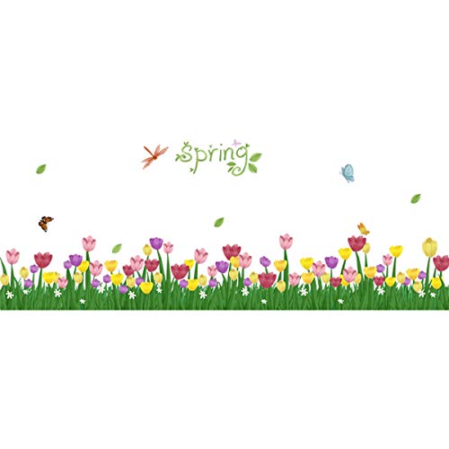Spring Tulip Wall Decals Flower Grass Wall Stickers Removable DIY Peel and Stick Art Murals for Classroom Bedroom Girls Room Living Room Hallway Kitchen Bathroom Home Decor (Tulip)