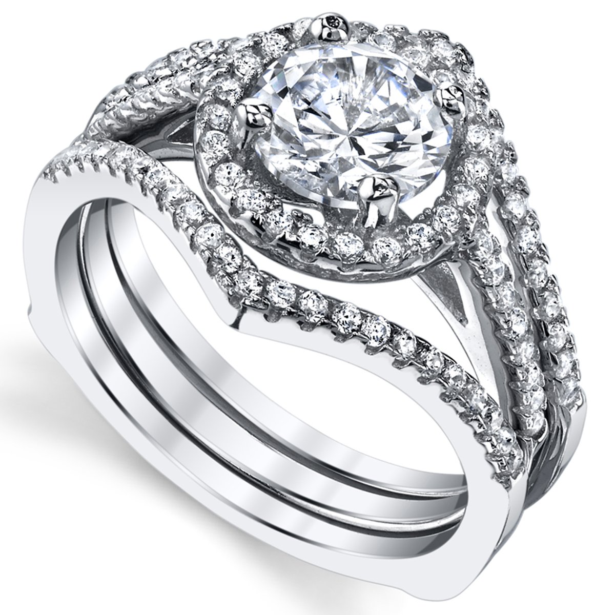 3 in 1 Sterling Silver Engagement Ring Bridal Set Band with 1 Carat Round-Cut Cubic Zirconia CZ 8