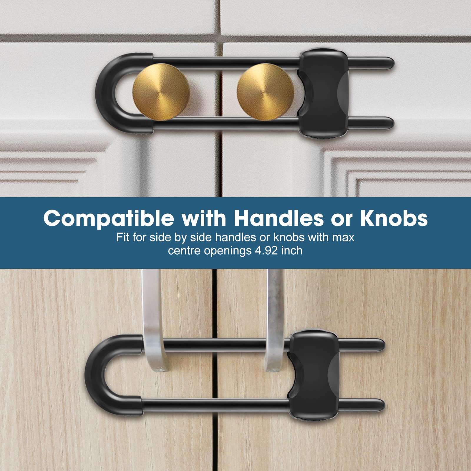 30 Pcs Sliding Cabinet Locks for Babies Adjustable U Shaped Safety Child Locks Baby Proofing Cabinet Latches for Drawer Knob Handle on Kitchen Bathroom Storage Cupboard Door Closet Dresser (Black)