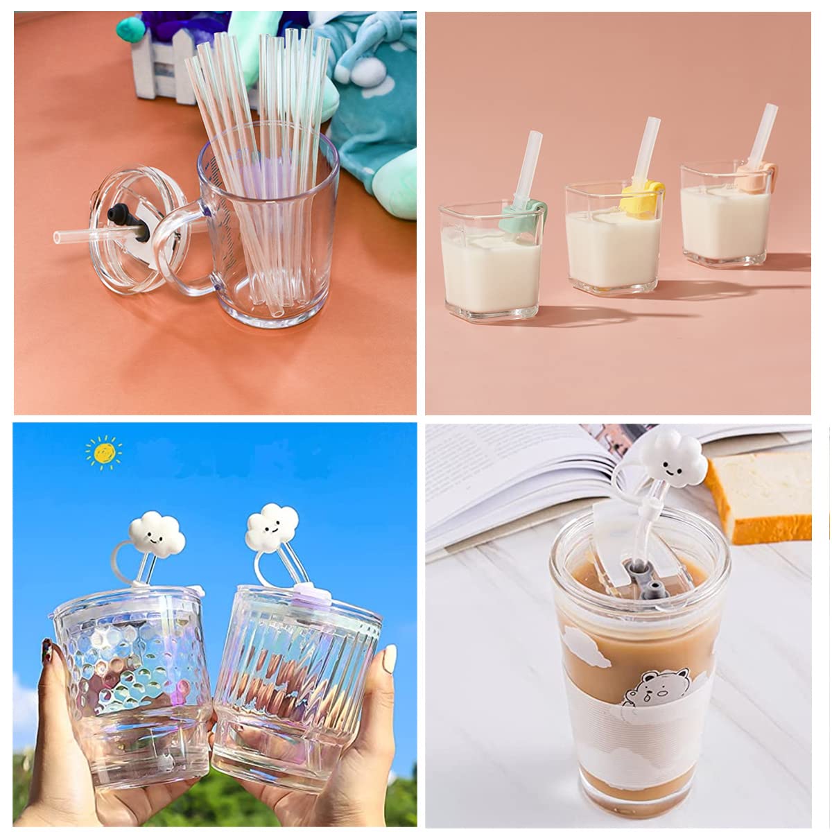 8 Pack Silicone Replacement Straws for 20/30/40 oz Cup,Long Straws with Cleaning Brush and Straw Covers Compatible with Stanley Cup Tumbler