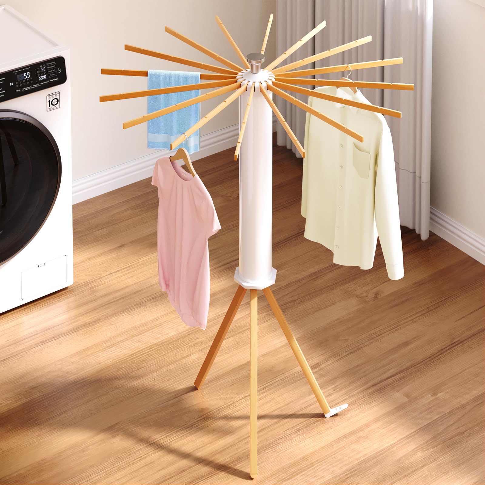 kenvc Tripod Clothes Drying Rack, Folding Space Saving Compact Laundry Drying Rack-16 Rotatable Arms for Hanger, Diameter 3.6FT, 3 Legs for Indoor Outdoor Apartment Balcony (Wood)