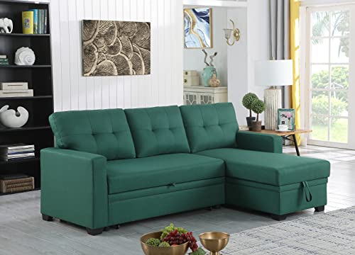 ACQCA 82" Sectional Sleeper Sofa with pull out bed and Chaise Storage, L-Shape Reversible 3 Seater Couch with Tufted Backrest for Living Room,Apartment,Office,Green