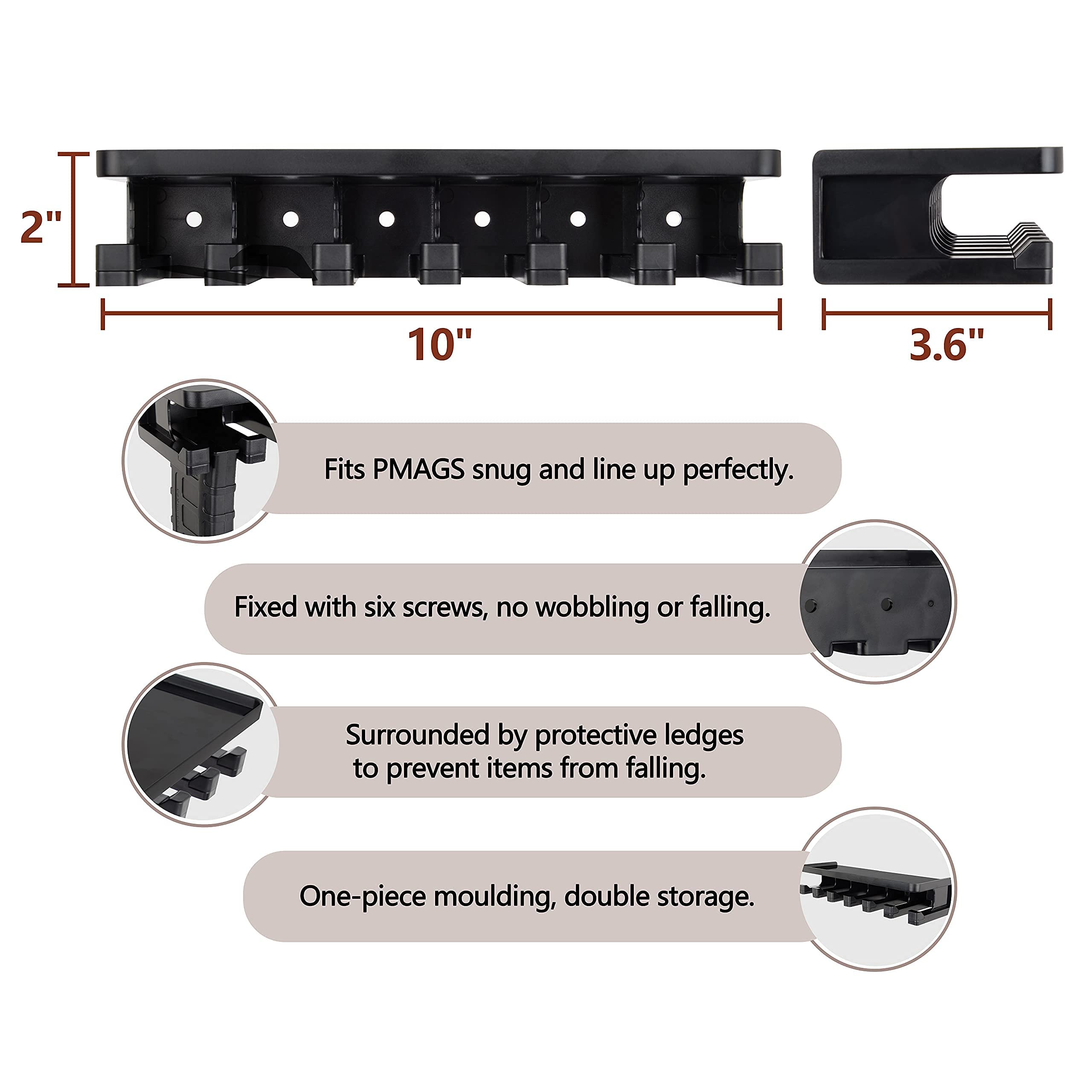 Adoreal Solid ABS Standard Magazine Rack Wall Mount with Storage Shelf, ABS 6 Standard Double Stack Mag Rack Wall Mount