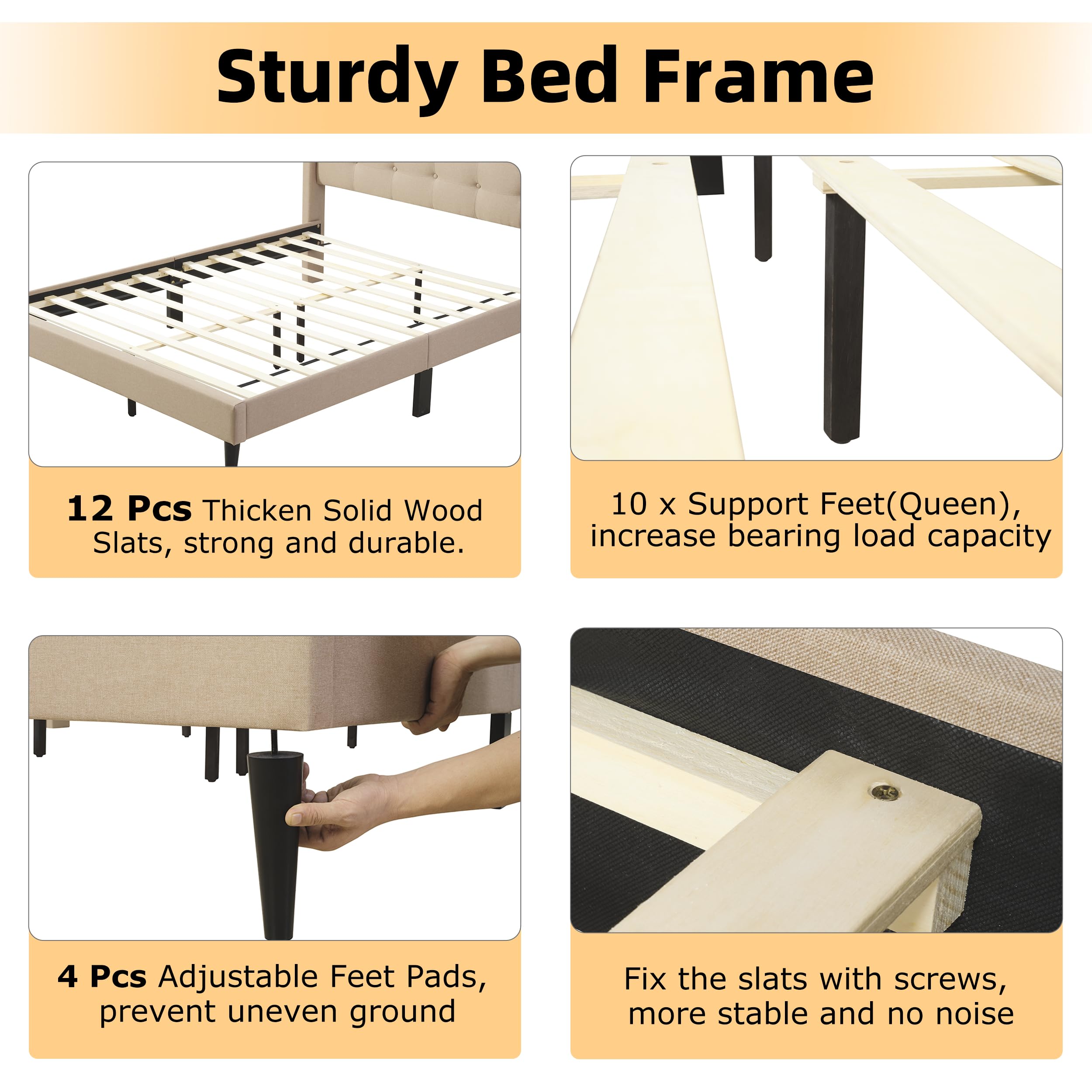 PrimeZone Queen Size Bed Frame - Modern Platform Bed Frame with Wingback Tufted Headboard, Linen Fabric Upholstered Bedroom Bedframe with FSC-Certified Poplar Wood Slats, No Box Spring Needed, Grey