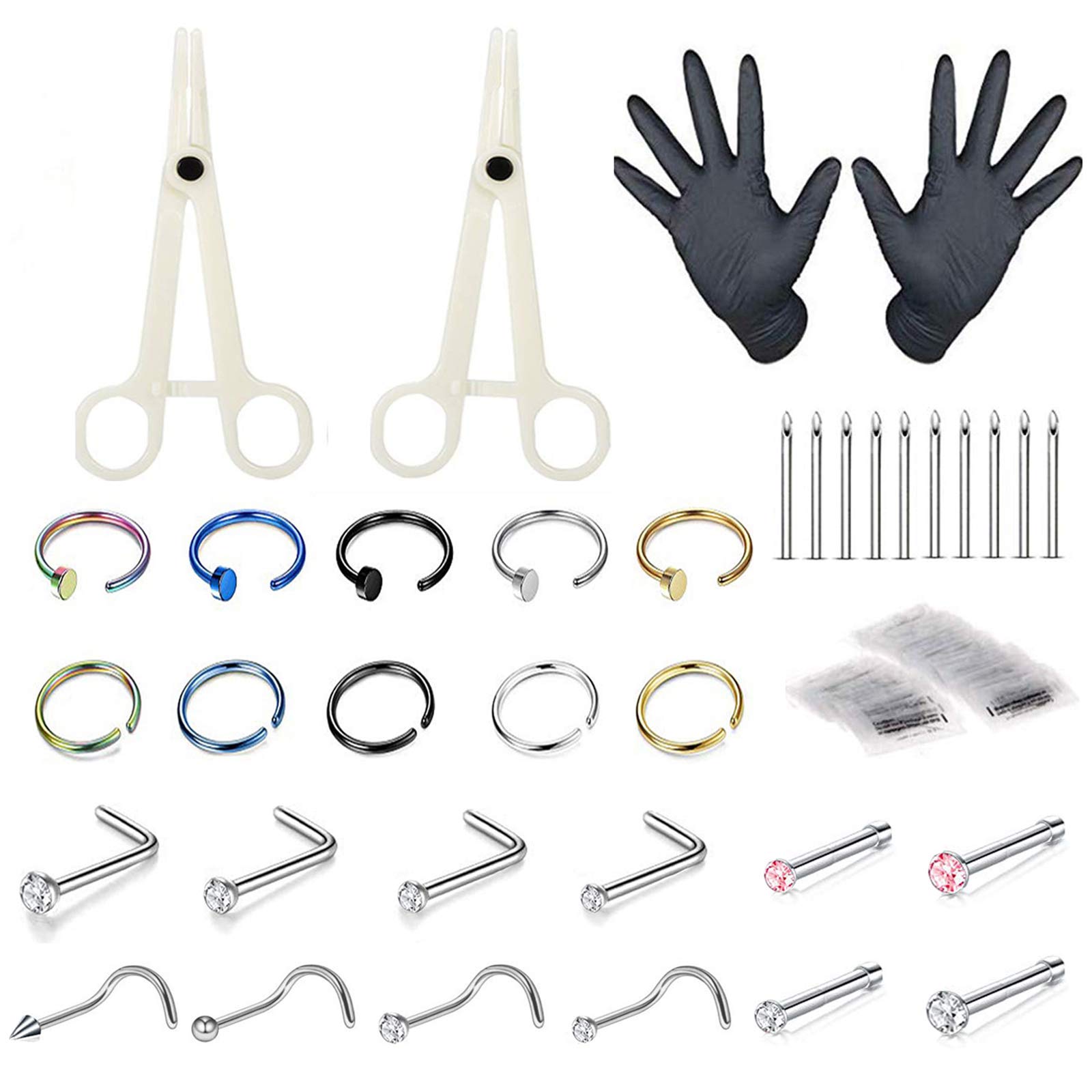 Jconly 46Pcs Ear Nose Lip Piercing Kit - 20G 18G Professional Colorful for 316L Steel Needles Clamps…