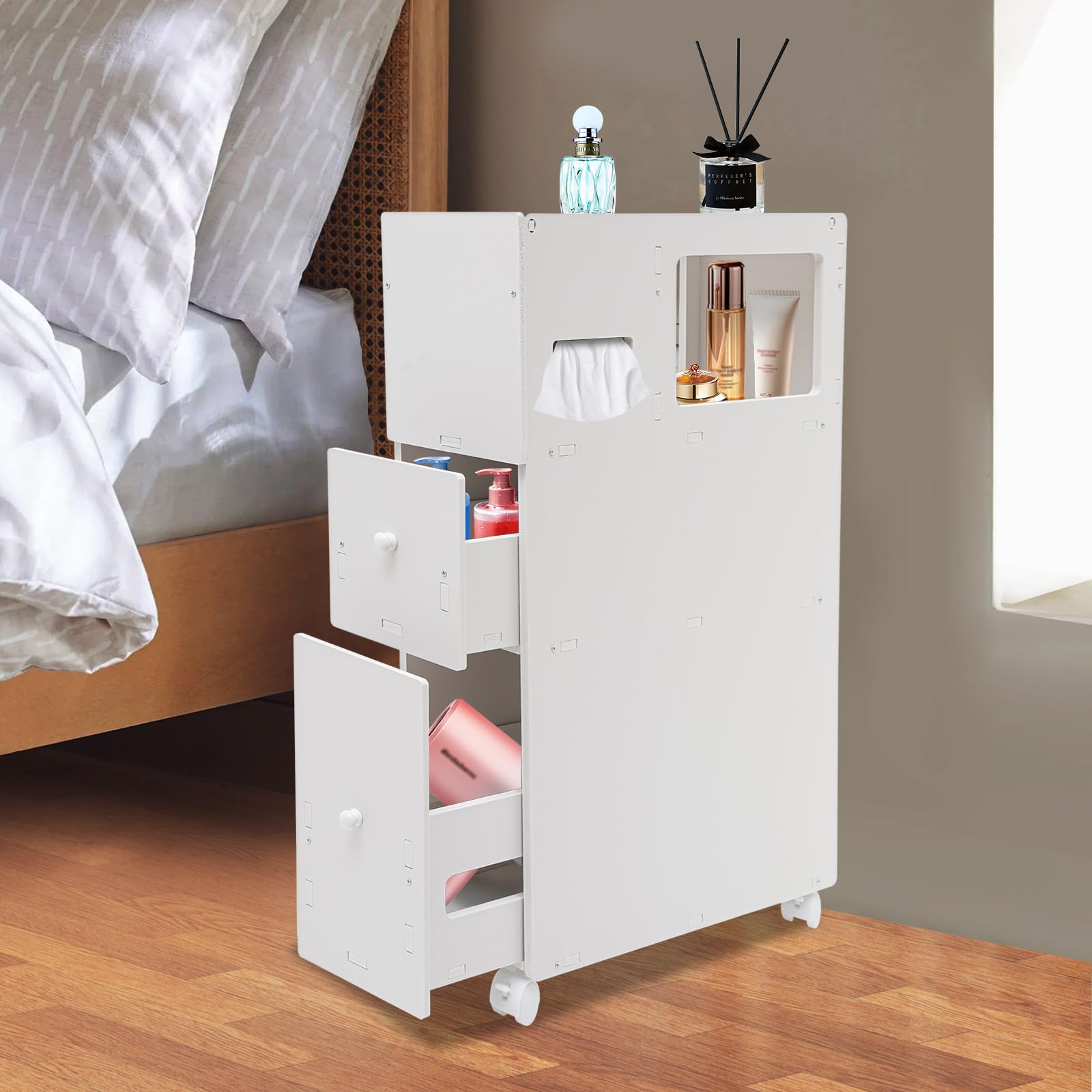 KONKENIE 4 Tier Slim Toilet Side Cabinet Bath Narrow Corner Floor Cabinet with Wheels 2 Drawer Bathroom Storage Cabinet with Shelf Toilet Paper Holder Towel Organizer Vertical for Small Space White