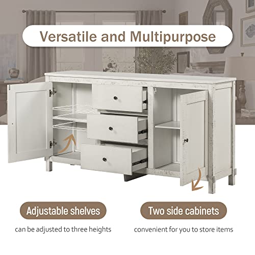 64'' Retro Large Storage Cabinet Buffet Sideboard with Adjustable Shelves and 3 Drawers, Solid Wood Entryway Console Table Coffee Bar Cupboard Server for Living Room Kitchen (Antique White-R)