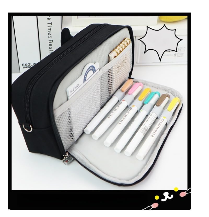 KGJGFX Doubel Layer Large Capacity Pencil Case with Embroidered Cats Grid Compartment of Pen Slots in Black & White Pen Holders Pen Pouch (Beige Cat with 3 Layers)