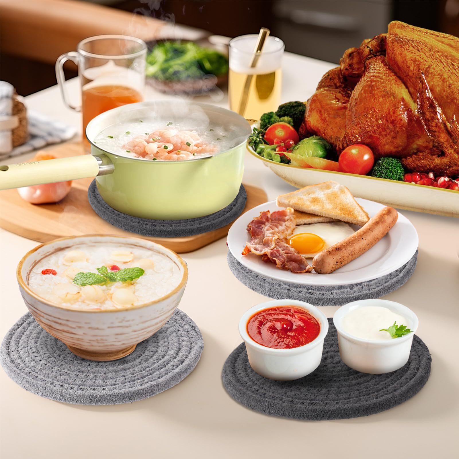 Handmade Trivets for Hot Dishes, Natural Cotton 7'' Hot Plate Mats, BOHO Woven Heat-resistant Pot Pans Holders Set for Kitchen Countertop Home Table Essentials(4 pcs)