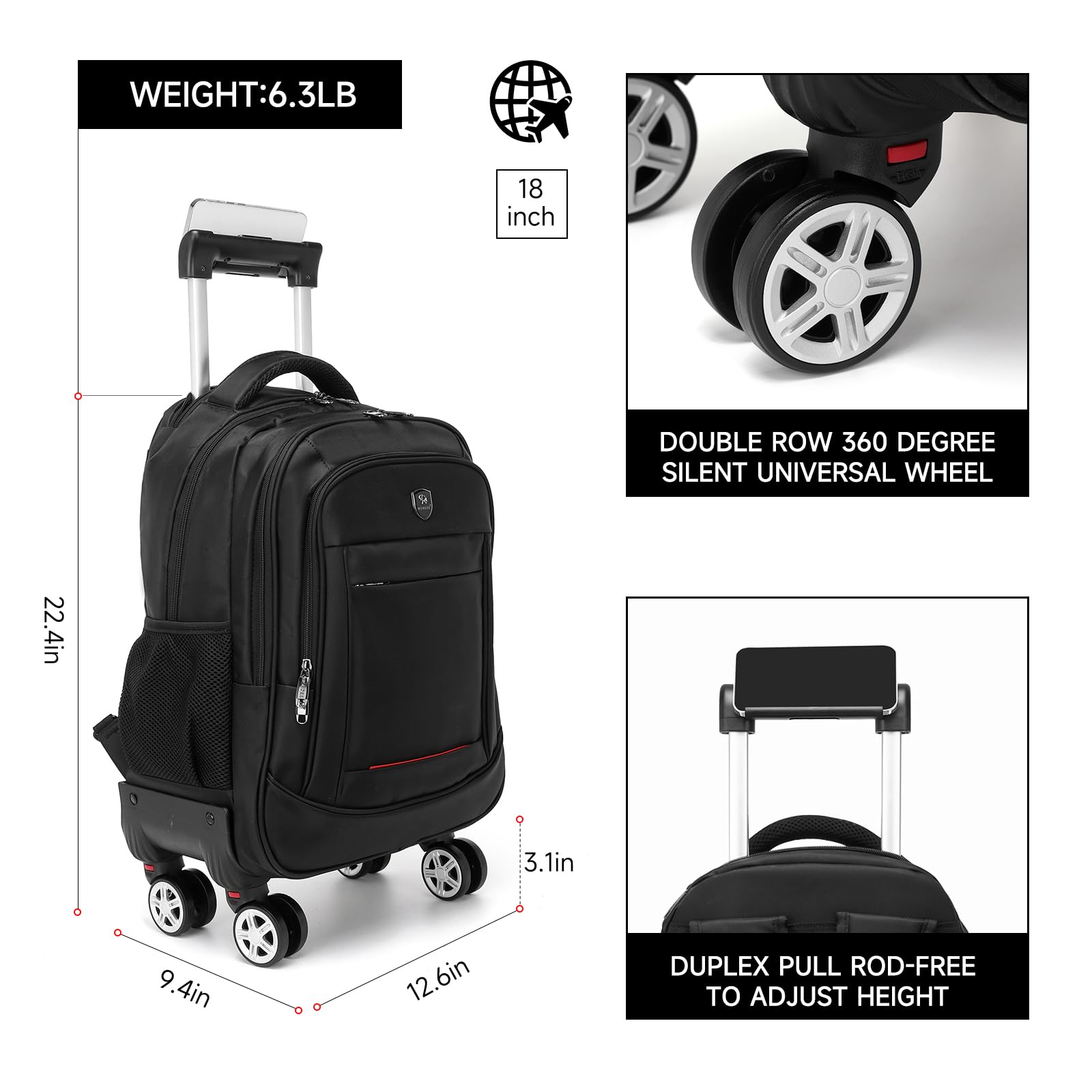 360 °rotating Water Resistant Rolling Backpack with Wheels, Travel Fit 15.6 Inch Laptop Backpack Airline Approved With Usb Charging Port,Carry on Luggage Backpack with 4 Wheels