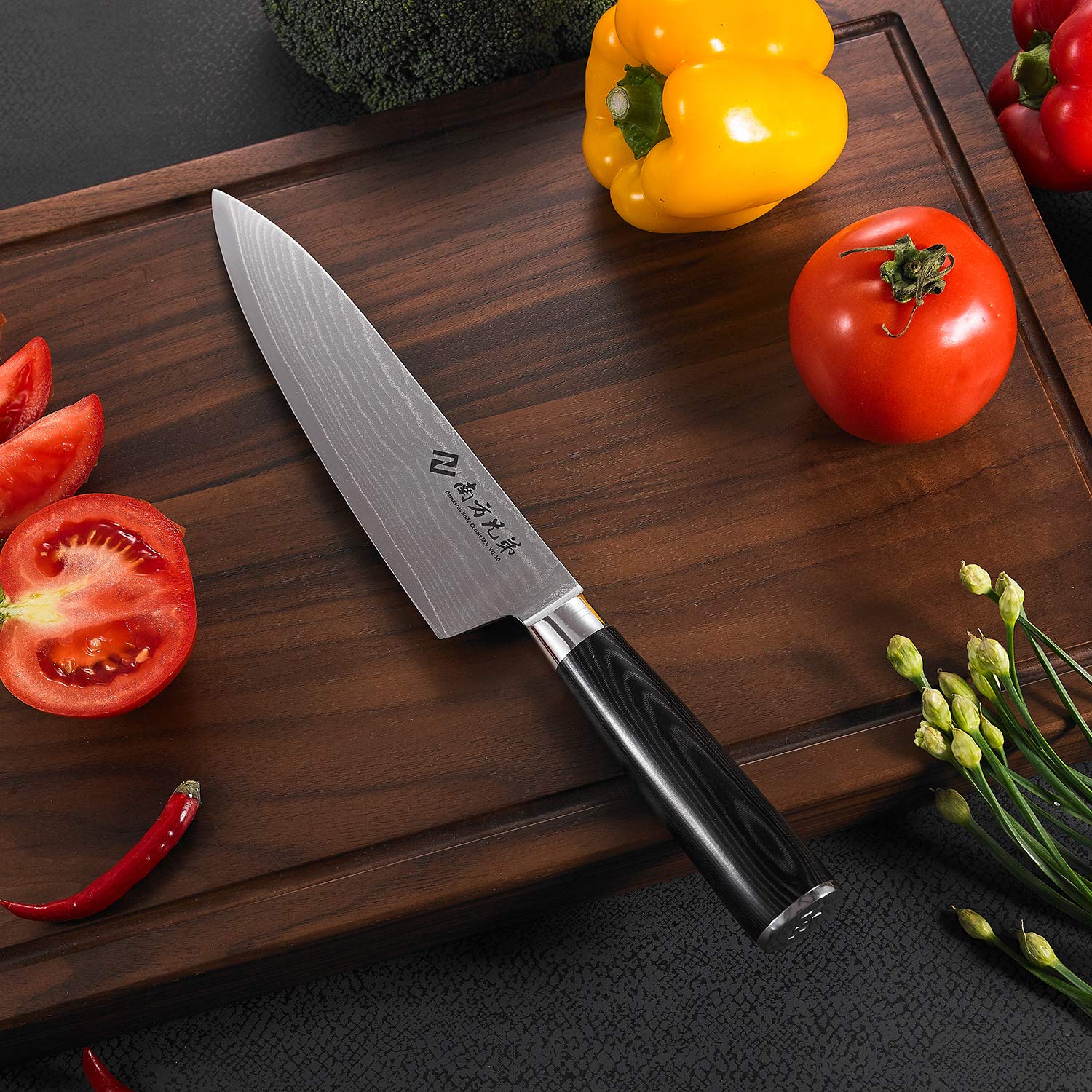 Damascus Kitchen Knife, 8 Inch Chef Knife Professional Chopping Knife for Vegetables and All Purpose Chefs Knife with Non-slip Wood Ergonomic Handle, Razor Sharp Lightweight