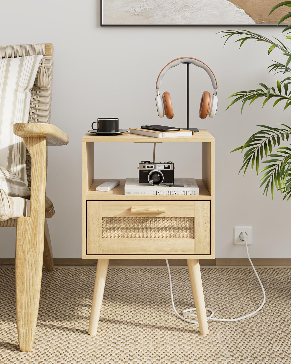 AEPOALUA Nightstands with Charging Station, End Table, Rattan Nightstand, Side Table with Hand Made Rattan Decorated Drawers, Wood Accent Table with Storage for Bedroom