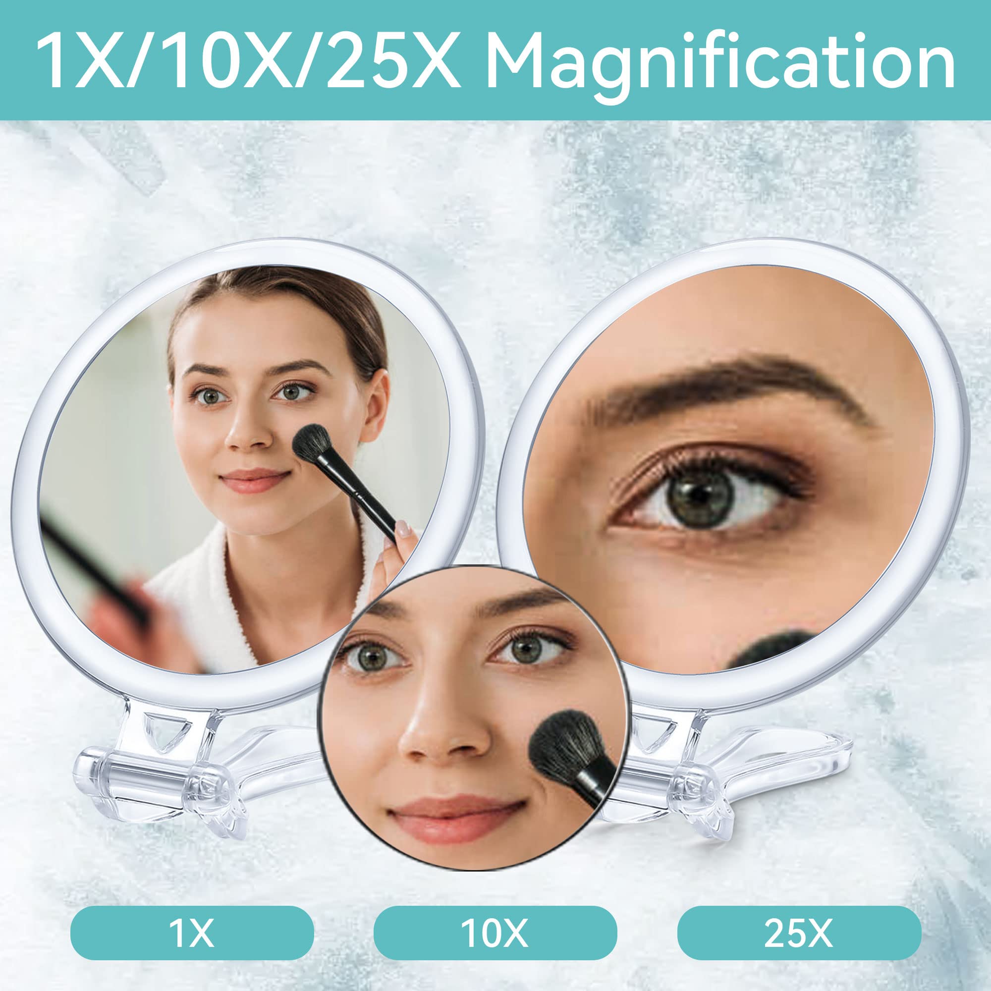 25X Magnifying Mirror Set, 25X/1X Double-Sided Hand Held Magnified Mirror & 10X Magnifying Mirror Suction Cup,Perfect for Precise Makeup Applications & Blackhead/Blemish Removal Handle B