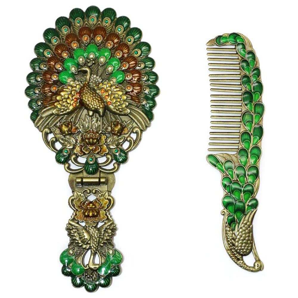 Rayberro Vintage Handheld Mirror with Comb Set, Metal Embossed Peacock Vintage Hand Mirror, Face Beauty Makeup Mirror, Foldable Personal Cosmetic Mirror, Portable Compact Travel Mirror (Green)
