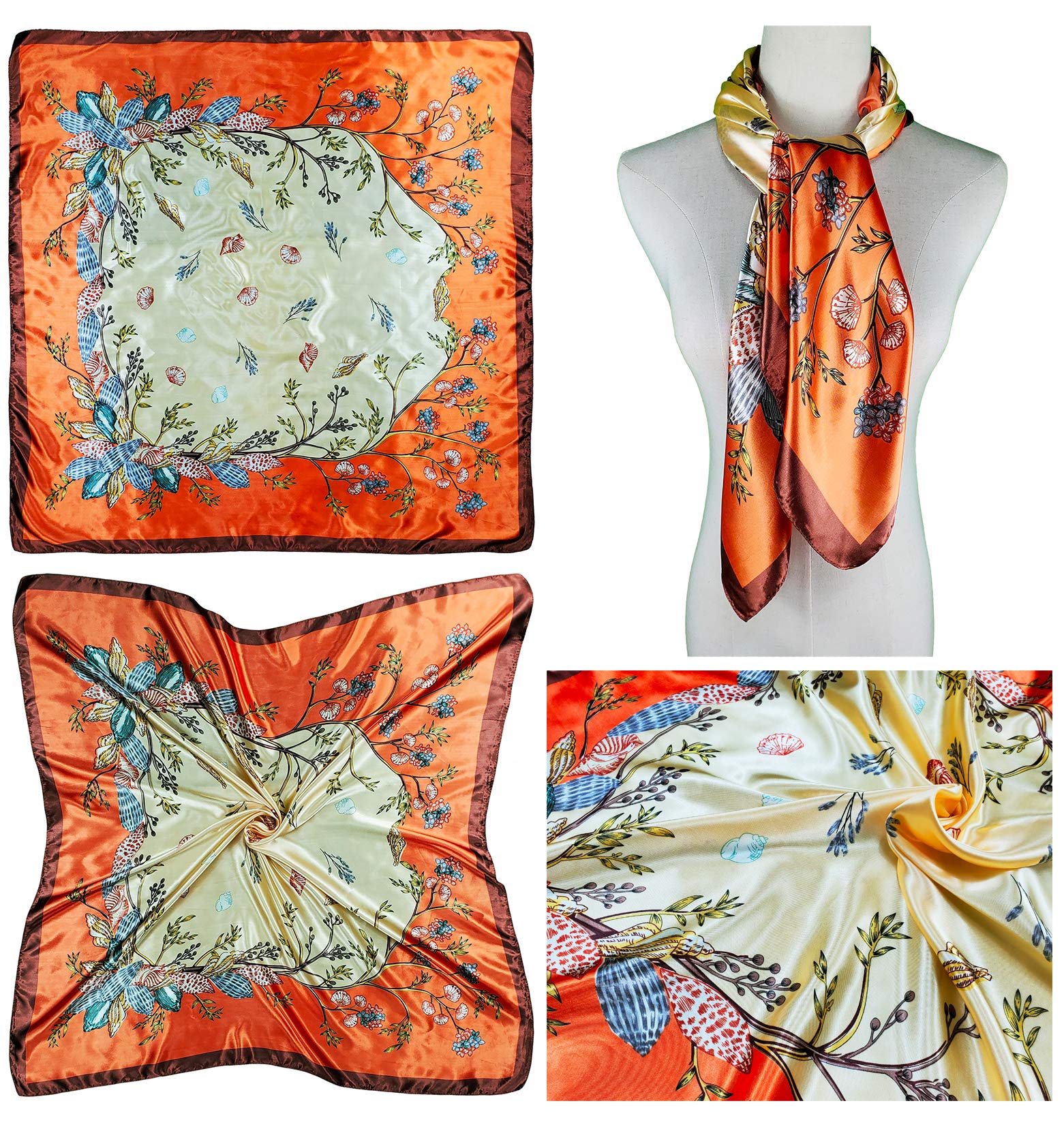 4 Pc Set Large 35 x 35 inches Satin Square Scarves Neck Hair Head Scarf Bundle (Set A)