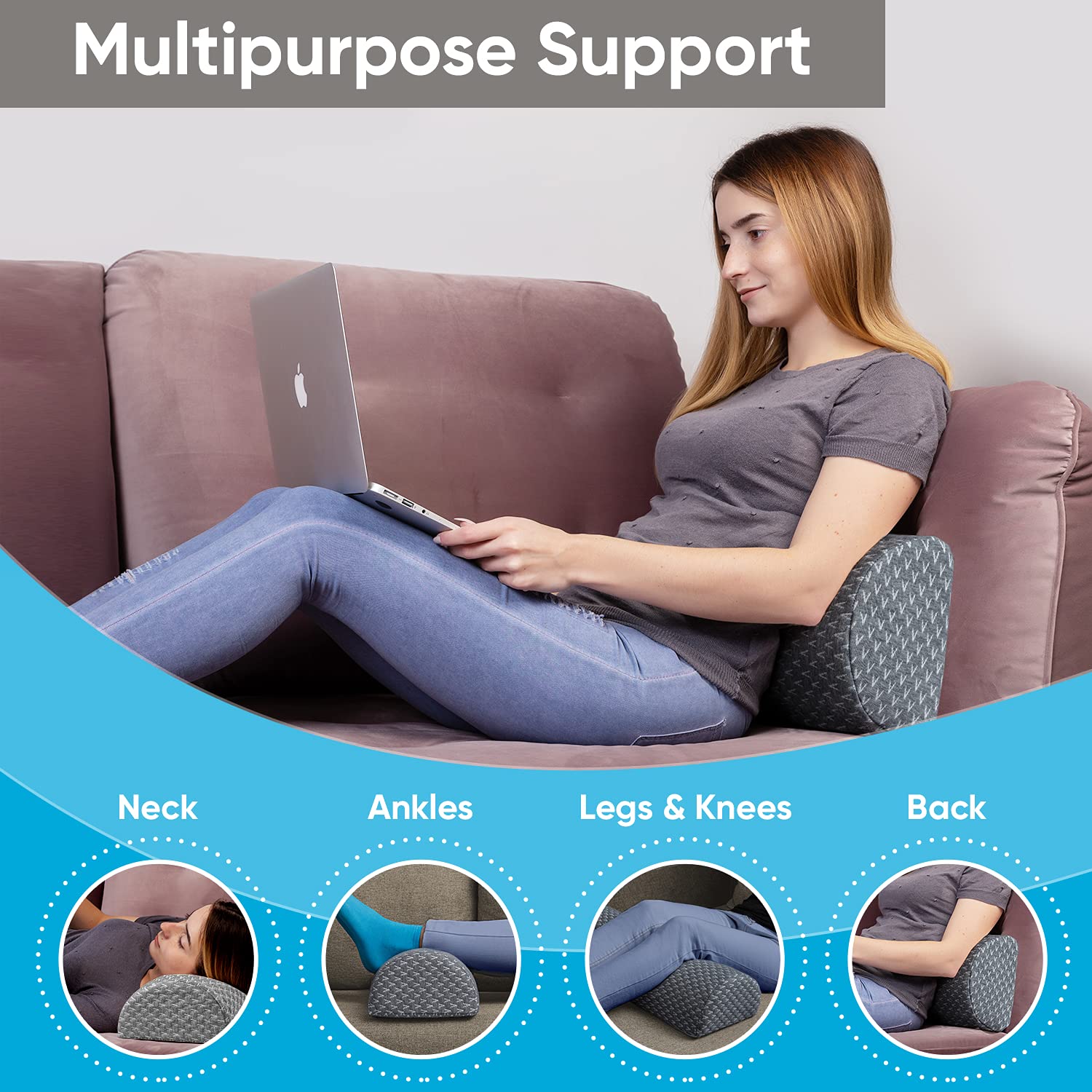 5 STARS UNITED Half Moon Bolster Semi-Roll Pillow, Grey and Seat Cushion Pillow for Office Chair