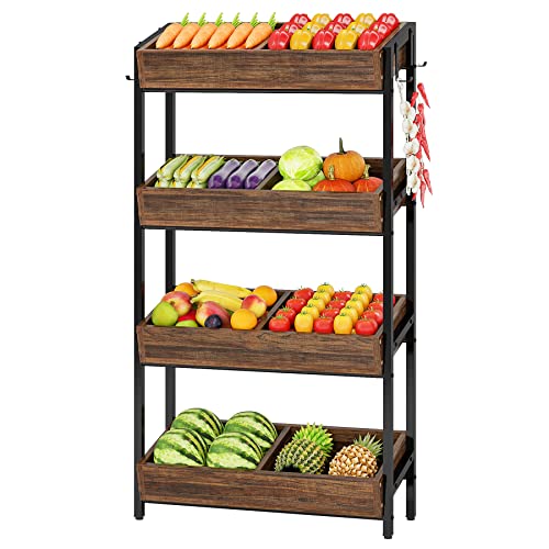LITTLE TREE 4-Tier Wood Fruit Vegetable Storage Basket Stand Versatile Utility Shelf Rack for Kitchen, Office, Store, Supremarket, Vintage Brown