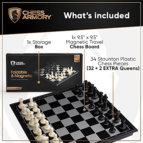 Chess Armory Travel Set 9.5" x 9.5"- Mini for Kids with Folding Magnetic Board Storage Box, & 2 Extra Queen Pieces - Portable Game