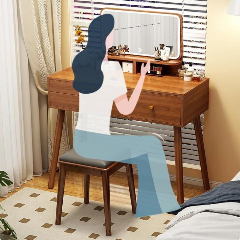 Aeumruch Walnut Vanity Desk,with 3 Level LED Light and 3 Drawers ,2 Shevels,The Best Choice for Small Space Bedrooms (with LED Light, 39.4inch)