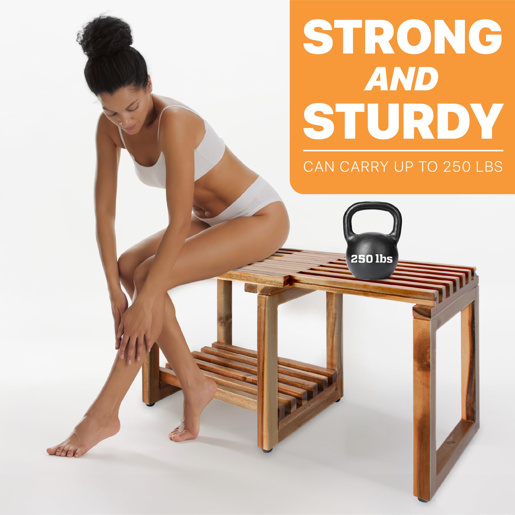 ENKEZI Adjustable Length 29.5 Inches Shower Stool Bench Chair Waterproof with Storage Shelf for Shaving Legs, Spa, Bath Seat in Bathroom, Inside Shower for Adults Seniors Elderly