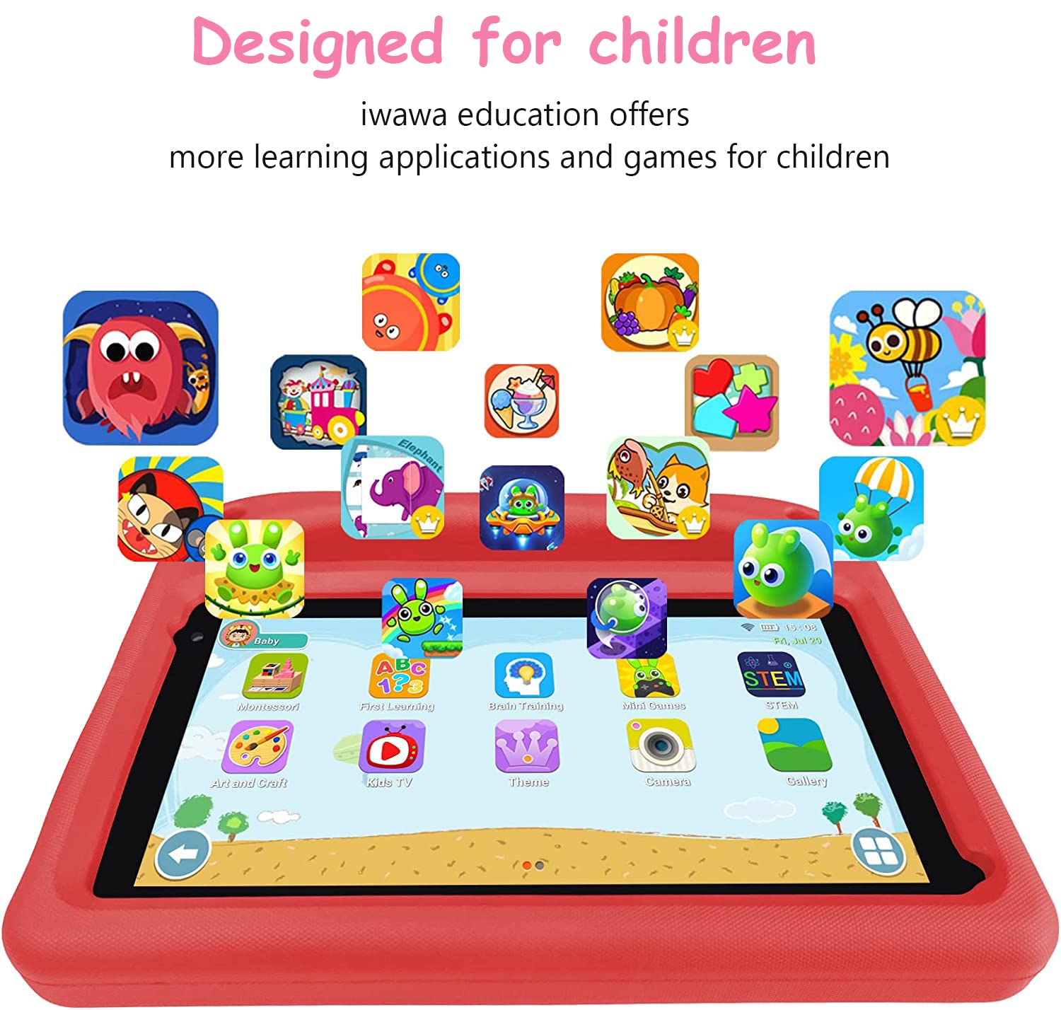 2024 Kids Tablet for Kids Android Tablet 7 inch 128GB Extended Memory, Google Play Installed Parental Control Mode Puzzle Game IPS HD Display, Toddler Tablet with Shock-Proof Case, Red