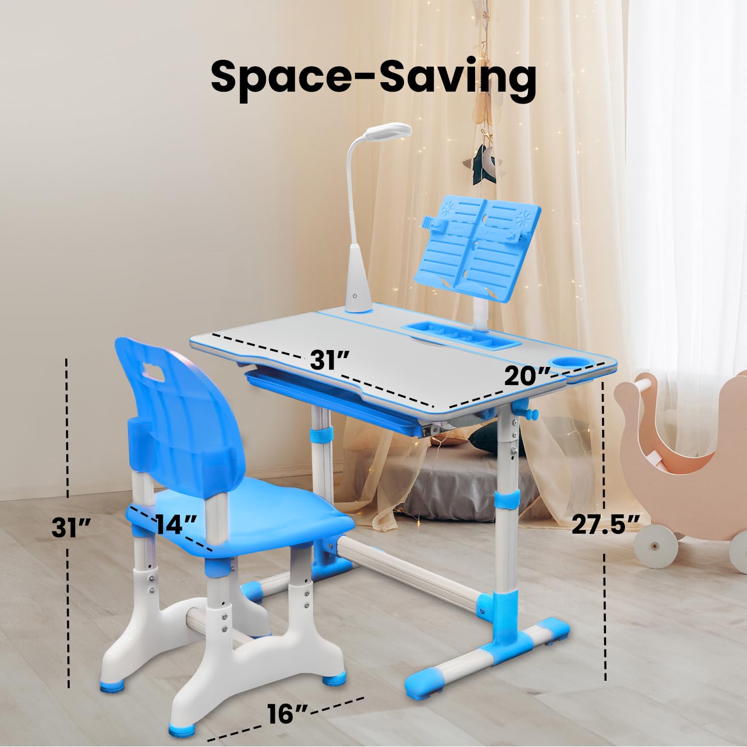 Gorilla Gadgets Kids Table and Chair Set, Height Adjustable Children's Study Desk - for Baby Bedroom, Game Rooms, Night Light Included (DSK-Kids-BLU)