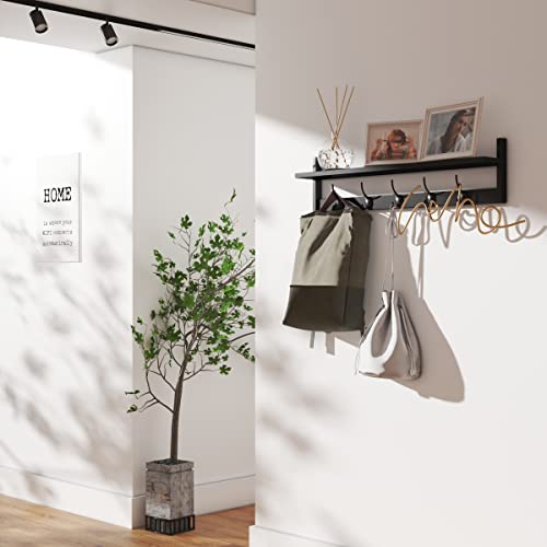 BAMEOS Wall Hooks with Shelf 28.9 Inch Length Entryway Wall Hanging Shelf Wood Coat Hooks for Wall with Shelf Wall-Mounted Coat Hook Rack with 5 Dual Hooks for Bathroom, Living Room, Bedroom (Black)